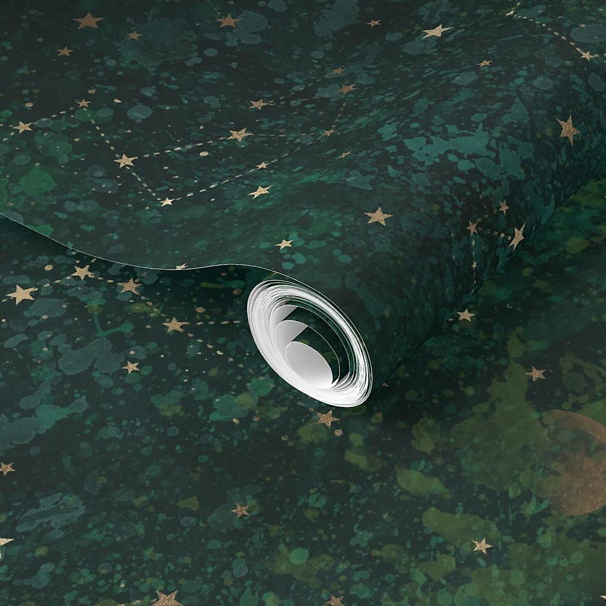 Removable Wallpaper 9ft x 2ft - Dark Green Moon Stars Bohemian Star Night Celestial Custom Pre-Pasted Wallpaper by Spoonflower