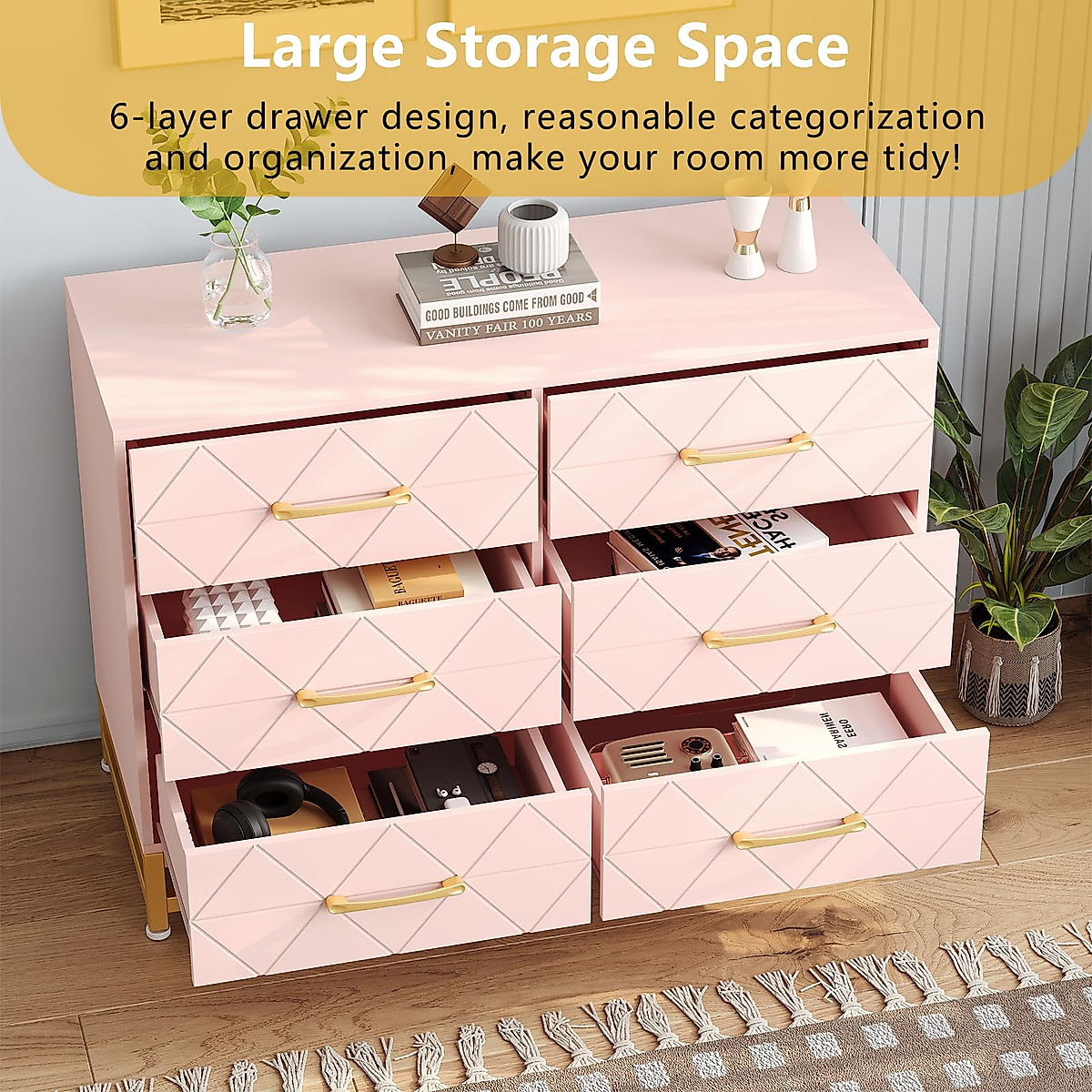 GarveeHome Dresser for Bedroom with 6 Drawer Double Dressers, Modern Wooden Dresser Chest, Beside Table for Closet, Nursery, Living Room, Pink