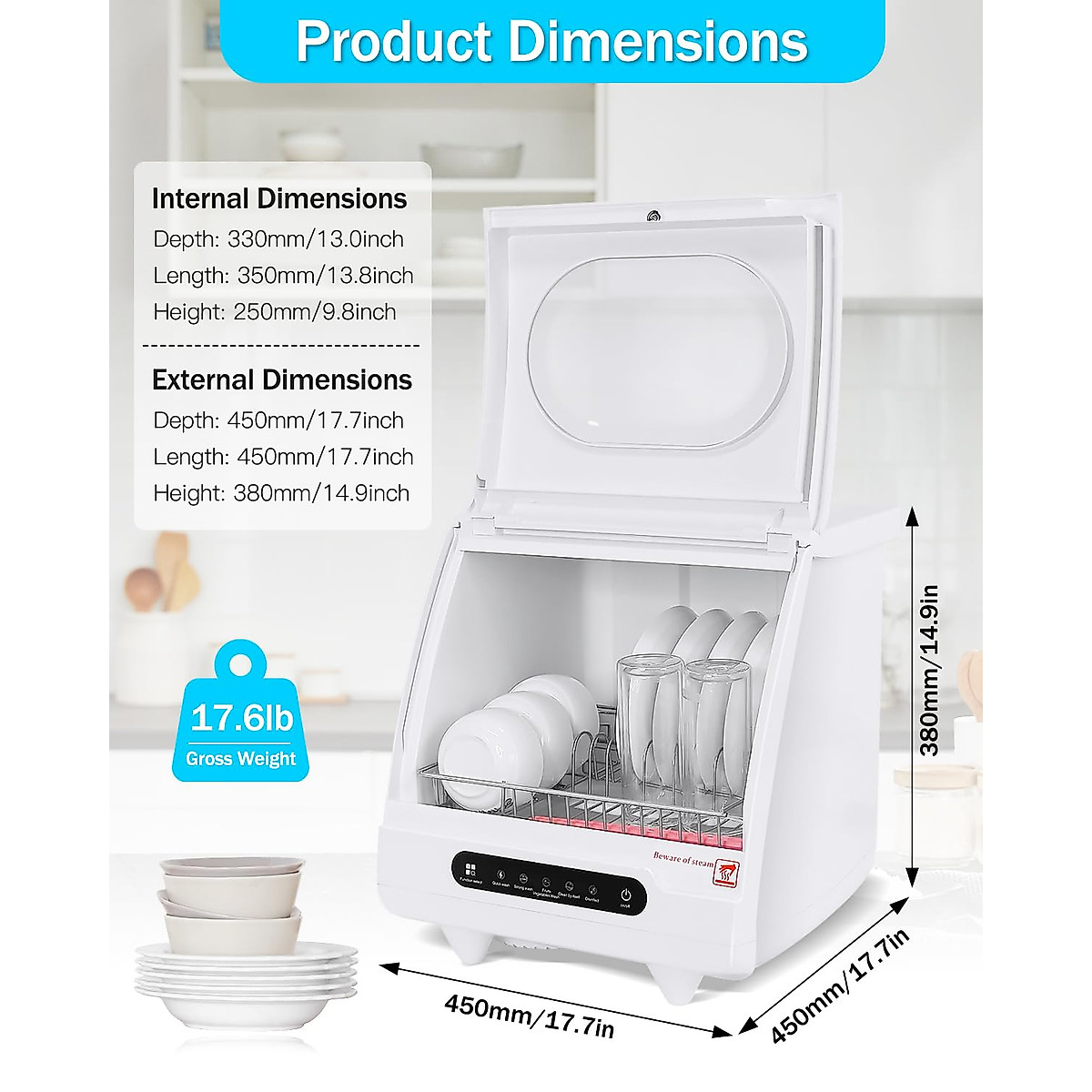 Bonxrdun Countertop Dishwasher, Portable Dish Washer, 5 Washing Modes, 360° Cleaning, Energy Efficient, Low Noise, Perfect for Small Families, Compact Size for RVs & Kitchens