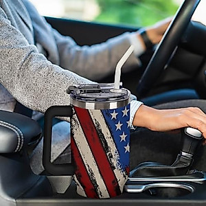 100% BLUE COLLAR Handle Tumbler for Women and Men, Cool American Flag Large Capacity Stainless Steel Cup with Rubber Ring and Straw, Water Bottle for Walking,Climbing
