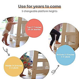 Stepup Baby Toddler Tower Step High Chair | Montessori Inspired | Kitchen Wooden Step Stool for Preschool Kids | Adjustable for 18 Month - 5 Years | Includes Safety Rail (White)