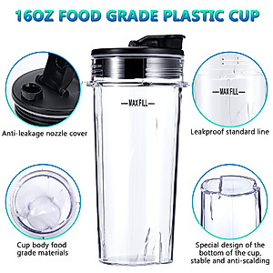 Blender Replacement Parts Compatible with Nutri Ninja, 5 Fins Extractor Blade, 2×16oz Cups with To-Go Lids, 3×Rubber Gasket Accessories for Ninja QB3000/QB3000SSW/QB3004/QB3005/QB3001