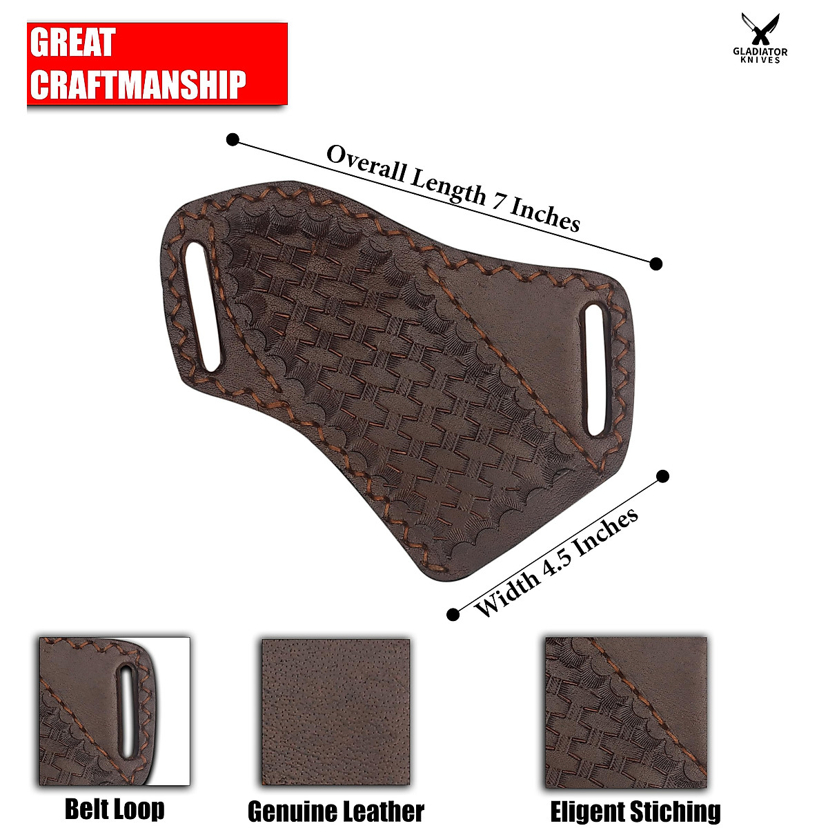 Leather Knife Sheath for Belt, Slanted Pancake Style, Tooled Leather, Cowboy Bull Cutter Cover, Cross Draw, Handmade Stitched with 100% Real Leather (Dark Brown)