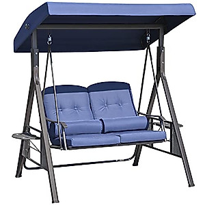 Outsunny 2 Seater Swing Chair, Garden Loveseat Swing Bench with Adjustable Canopy, Soft Cushions, Throw Pillows and Tray for Patio, Yard, Dark Blue
