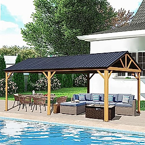Domi 12' x 20' Hardtop Gazebo with Galvanized Steel Gable Roof, Pergola with Wood-Looking Aluminum Frame, Permanent Pavilion Outdoor Gazebo with Ceiling Hook for Deck Patio Lawn Yard Backyard Grill