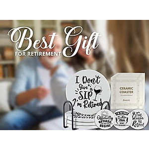 Best Retirement Gifts for Women, 4 Pcs Retirement Coasters for Drinks Absorbent with Holder and Corked Back, Unique Present for Retired Women, Retirement Gifts for Grandma, Boss Lady, Nurse, Teacher