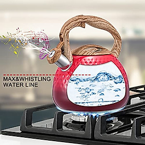 Tea Kettle, Stovetop Teapot, 2.7 Quart, Loud Whistle, Food Grade Stainless Steel and Smooth Wood Pattern Handle, Sophisticated Look for Hiking, Picnic, for Tea, Coffee, Milk (Red)