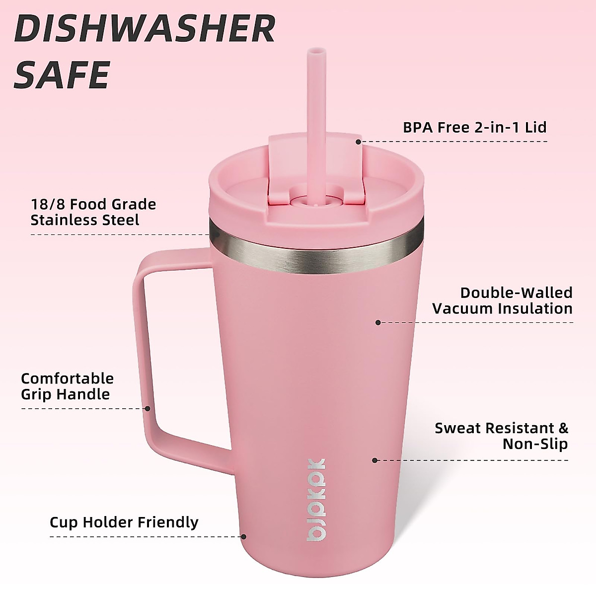 BJPKPK Insulated Tumbler with Handle, 18oz Insulated Tumblers with Lid and Straw, Stainless Steel Metal Water Bottles, Coffee Travel Mugs, Cups, Light Pink