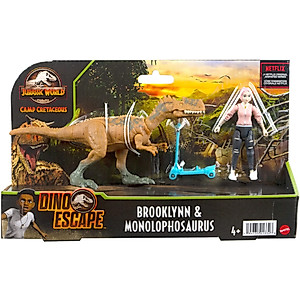 Mattel Jurassic World Toys Camp Cretaceous Brooklynn & Monolophosaurus Human & Dino Pack with 2 Action Figures & Scooter, Toy Gift and Collectible