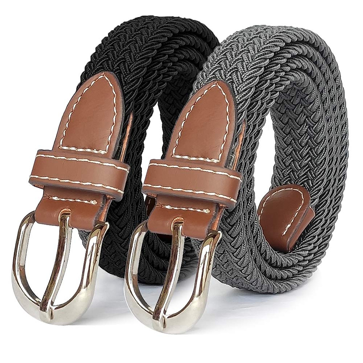 YUCFOREN 2 Pack 1'' Narrow Width Elastic Belt, Stretch Braided Skinny Fabric Woven Women or Girl Jeans Dress Casual Belt