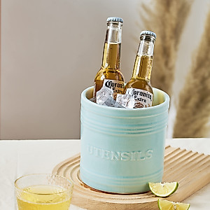 Kitchen Utensil Holder for Countertop 5.9 inch Porcelain Utensil Crock for Kitchen Deep and Large, Turquoise