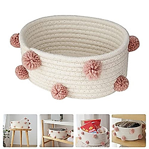Cotton Rope Basket Storage Bin: Cotton Storage Baskets Woven Blanket Baskets with Pompom Round Storage Organizer for Dirty Clothes Pet Kids Small Items Storage 20X15CM
