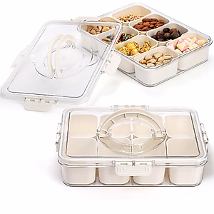 SOUJOY 2 Pack Divided Serving Tray with Lid and Handle, 8 Compartment Sealed Serving Tackle Box, Portable Food Storage Containers for Candy, Fruits, Nuts, Snacks, Party, Entertaining