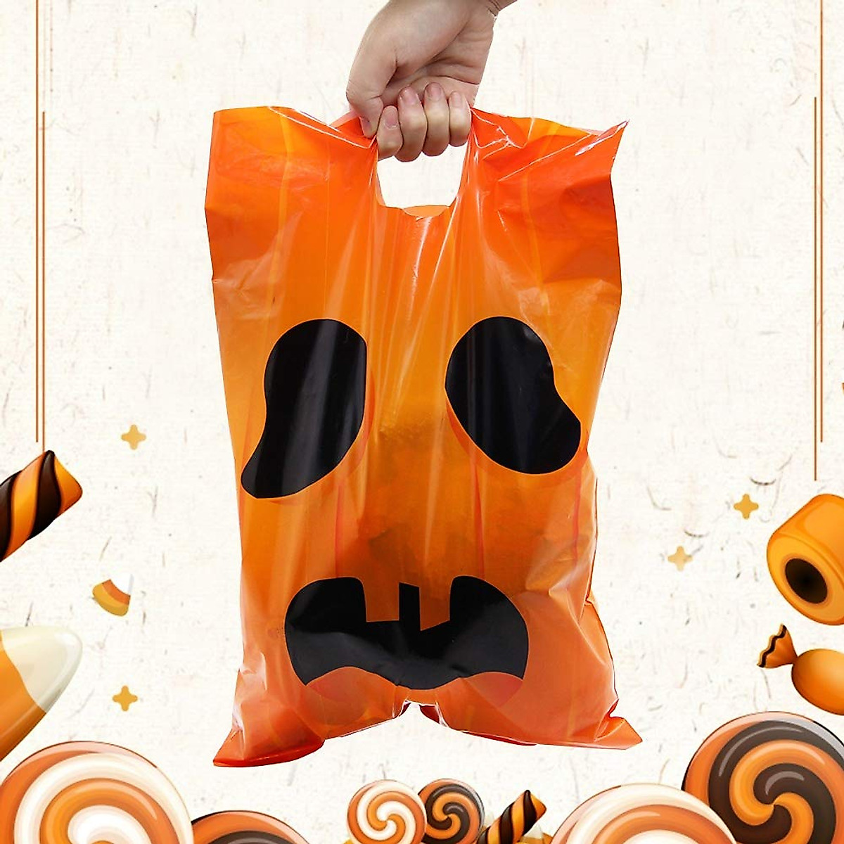Lulu Home Halloween Jack O Lantern Bags, Plastic Goodie Bags for Trick Or Treat, Party Favor Bags, 72PCS