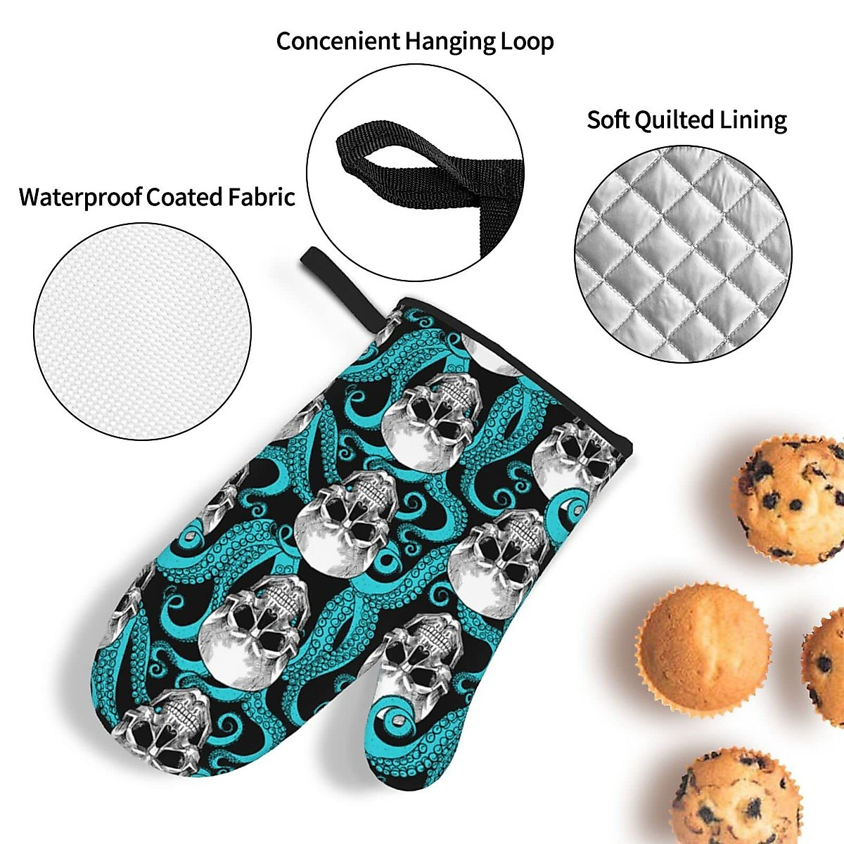 Skull Oven Mitts and Pot Holders 4pcs Sets，Funny Kitchen High Heat Resistant Oven Mitts，with Oven Gloves and Hot Pads Pot Holders for Baking Cooking BBQ Grilling