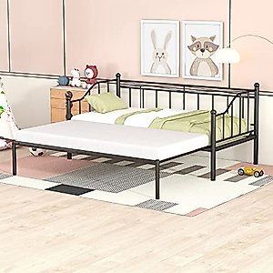 LostCat Twin Size Daybed Bed with Pop Up Trundle,Metal Bedframe with Safety Guardrails & Heavy Duty Steel Slat Support,for Kids Teens Adults.No Box Spring Needed,Black