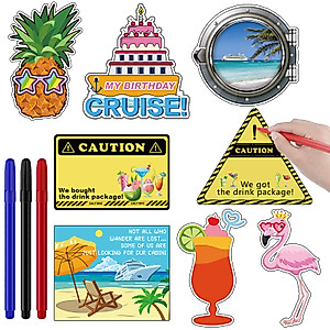 8 Pcs Cruise Door Decorations Birthday Cruise Door Magnets Sign and 3 Paint Pens Caution Fruit Porthole Funny Magnetic Cabin Cruise Door Stickers for Carnival Cruise Cabin Stateroom Fridge Door