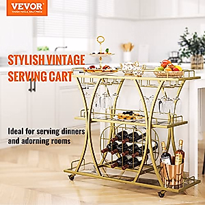 VEVOR Bar Cart Gold, 3 Tiers Home Bar Serving Cart on Lockable Wheels, Rolling Alcohol Cart with Tempered Glass Shelves Guardrail Wine Rack, Modern Wine Cart for Home Kitchen Dining and Living Room