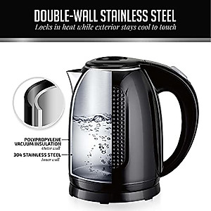 OVENTE Portable Electric Kettle Stainless Steel Instant Hot Water Boiler Heater 1.7 Liter 1100W Double Wall Insulated Fast Boiling with Automatic Shut Off for Coffee Tea & Cold Drinks, Black KD64B