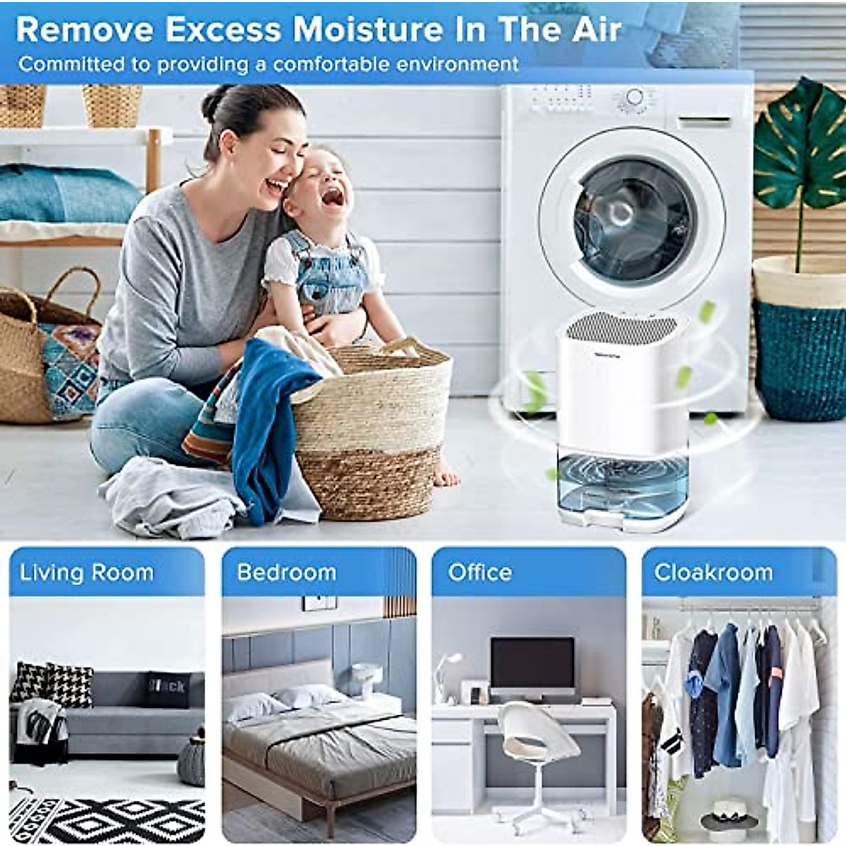LAOVER Dehumidifiers, 1000ml Dehumidifier for Home, Portable Small Bedroom Bathroom Basement Closet Garage RV Office, Auto Shut Off 7 Colorful LED & Two Working Modes Ultra Quiet, White