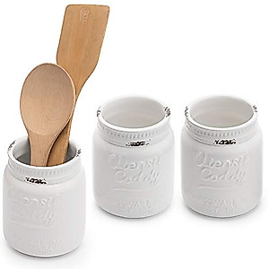 MyGift Farmhouse White Ceramic Mason Jar Utensil Holder with Embossed Design, Decorative Flatware Display Jars, Set of 3