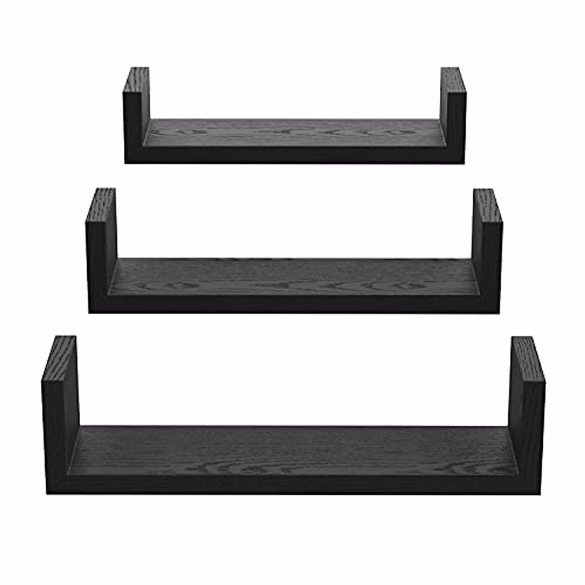 GREENDEW Wall Mounted Floating Shelves Set of 3, Modern Display Hanging Shelves, Wood Storage Shelves for Room, Kitchen, Office, Home Decor (Black)