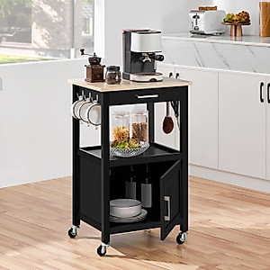 Yaheetech Small Kitchen Island on Wheels with Wood Top and Drawer, Trolley Cart with Open Shelf and Storage Cabinet for Dining Room, 22x18x35 Inches, Black