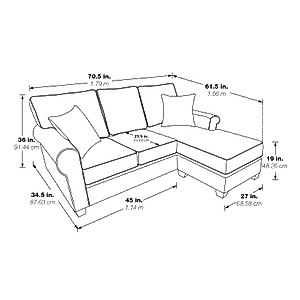 OSP Home Furnishings Rylee Reversible Rolled Arm Sectional Sofa with 2 Pillows and Coffee Finished Legs, Navy Fabric