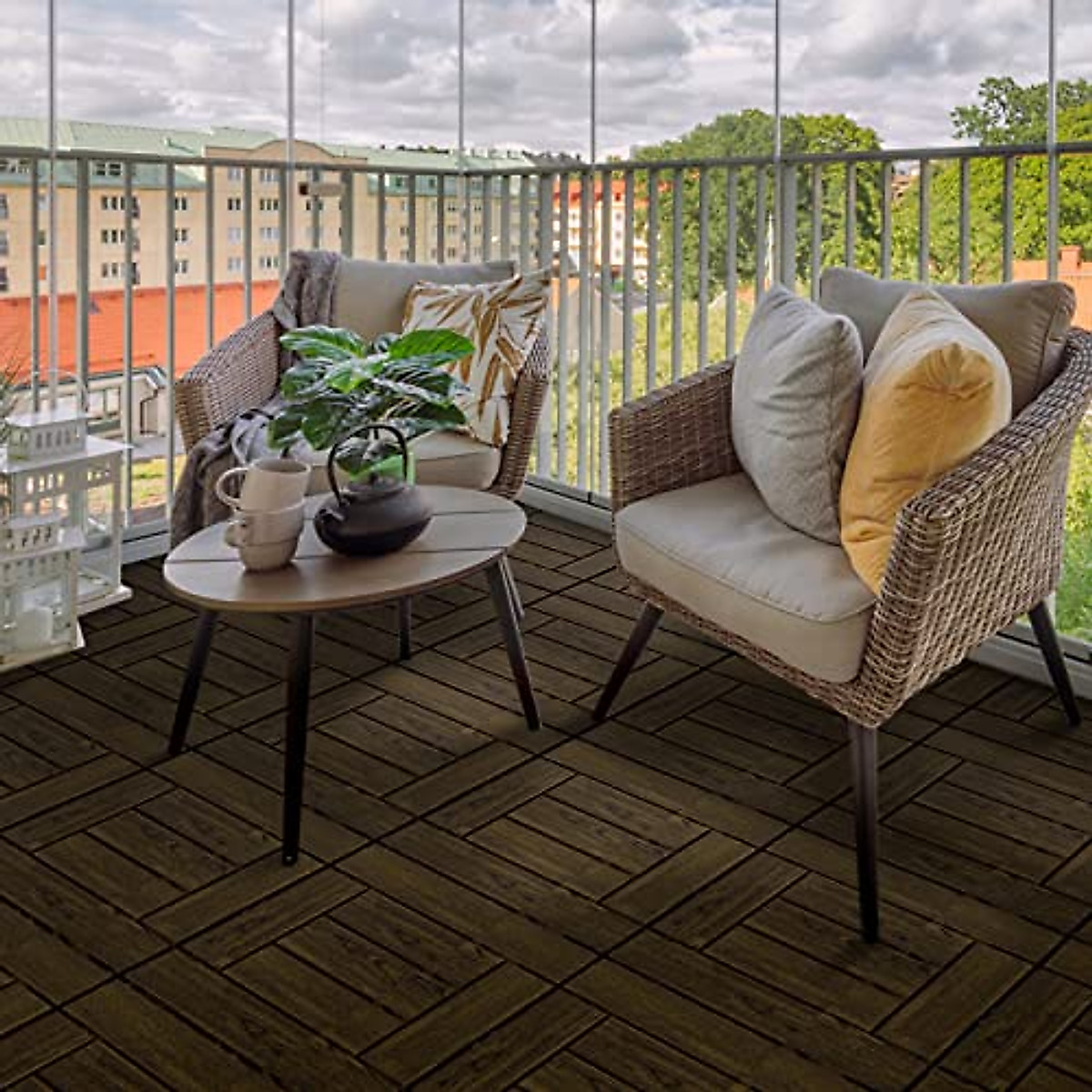 VANCASTLE 9PCS Wood Interlocking Deck Tiles 11.8"x11.8", Patio Flooring Outdoor Waterproof All Weather Use, Wood Flooring for Patio Garden Poolside Front/Back Yard, Espresso-Checked