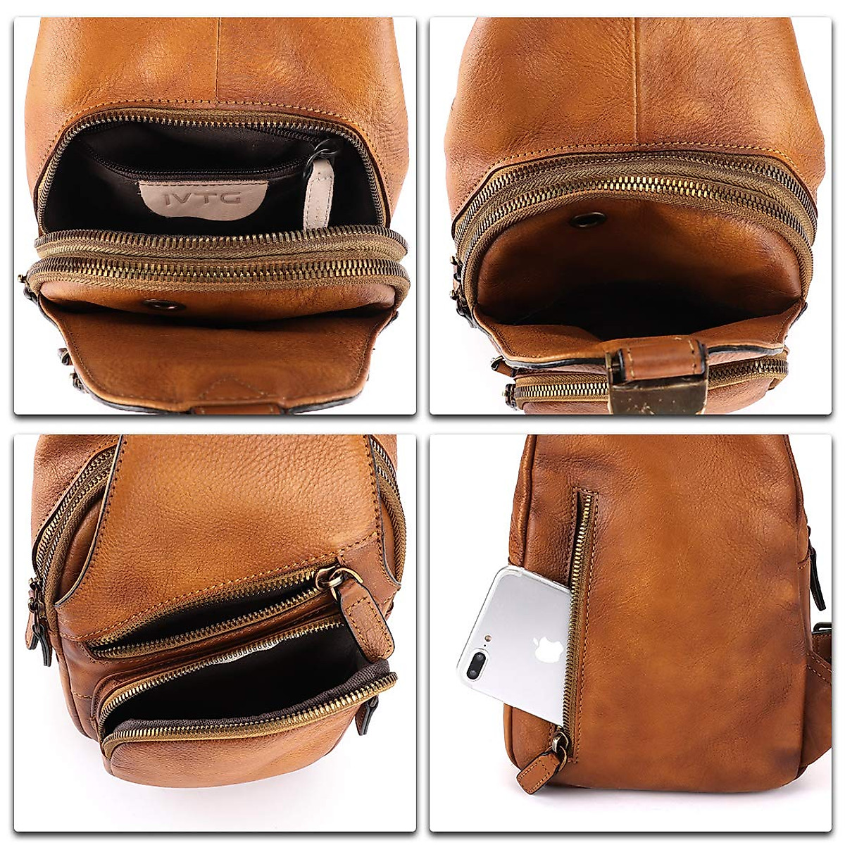 Genuine Leather Sling Bag Chest Shoulder Hiking Backpack Vintage Handmade Crossbody Daypack (Brown)