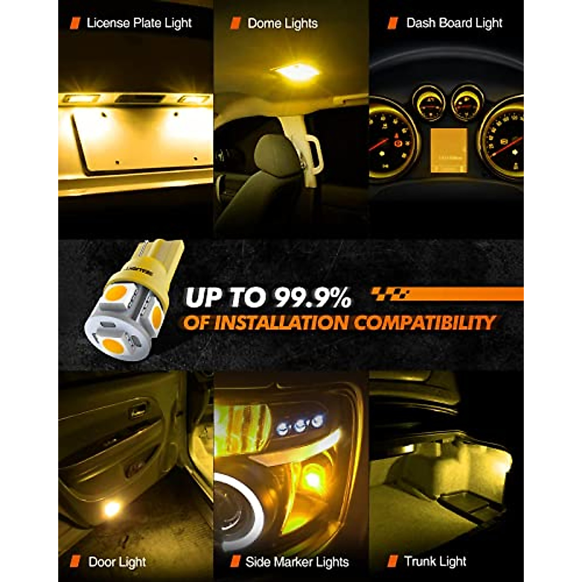 SEALIGHT 194 LED Bulb, 168 T10 LED Bulb Amber 2700k Yellow 2825 for Turn Signal Side Marker Dome Lights, 12V Cab Running Parking Tail Lights, (Pack of 10)