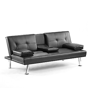 Eafurn Faxu Leather Futon Bed Convertible Folding Couch for Living Room Sectional Sleeper Sofa for Small Space with Cup Holder and Removable Armrest, Black