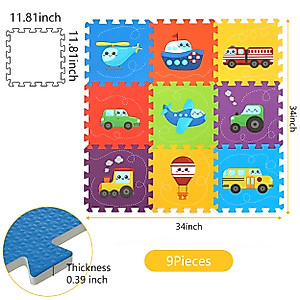 PLAY 10 Baby Play Mat, Foam Playmat for Babies, Kids Play Mat, Foam Floor Tiles 34×34 9 Pieces Vehicle Puzzle Mat
