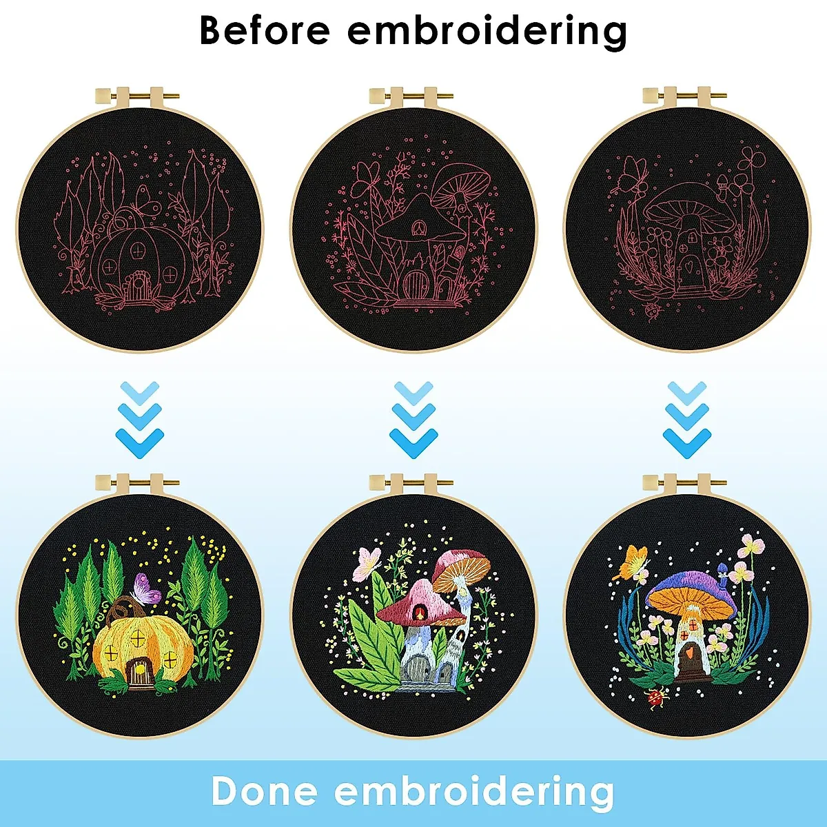 ERKOON 5 Sets Embroidery Kit for Beginners, Art Craft Handy Sewing Set Mushroom Cross Stitch Starter Kits, DIY Embroidery Kits with Patterns and Instructions Hoops Needles Threads