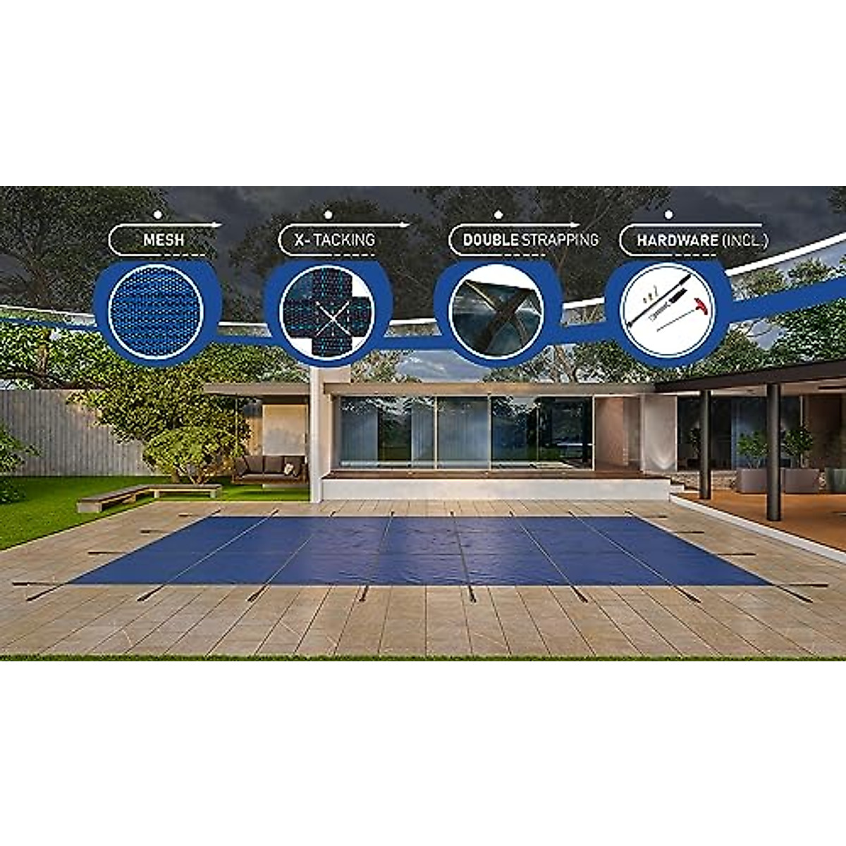 WaterWarden SCMB1224 Safety Cover for 12' x 24' Inground Pools, 15-Year Warranty, UL Classified to ASTM F1346, Triple Stitched for MAX Strength, Hardware Included, 12'x24', Blue Mesh
