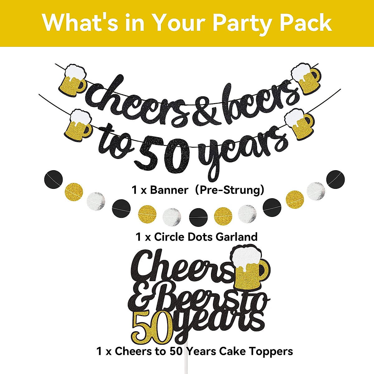 50th Birthday Decorations, 50 Years Anniversary Decorations for Men Women, Cheers to 50 Years Banner with 50 Years Old Cake Topper, Black Gold Glittery Circle Dots Garland for 50 Birthday Wedding