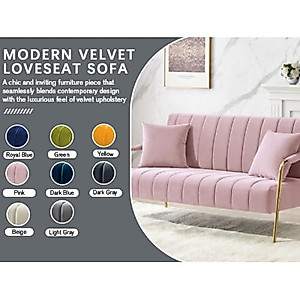 60’’ Modern Loveseat Sofa Couch, Velvet Small Love Seat w/2 Pillows and Metal Legs,2-Seater Upholstered Mini Futon Sofa Couches for Small Space,Lounge Chair, Living Room Bedroom Apartments (Pink I)