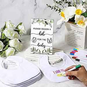 Qunclay 37 Pcs Baby Shower Games 1 Baby Shower Game Sign 25 DIY White Bibs for Boys Girls Guest Design Game with 10 Fabric Markers Baby Shower Keepsake for Guest New Parents(Leaf)