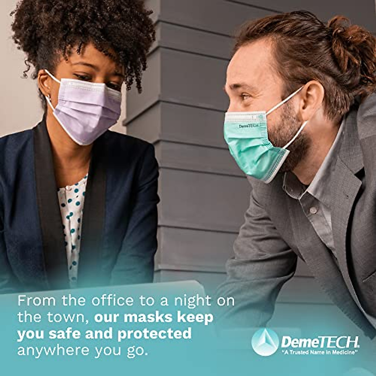 DEMETECH Protective 3-Layer Adult Disposable Face Mask with Ear Loops, Made in the USA, Purple, Box of 50