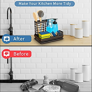 ROMINVIC Sink Caddy Organizer,Kitchen Caddy for Sponge Dishcloth Brush Holder with Black Drain Tray and 2 Sponge Holders 304 Stainless Steel Rustproof