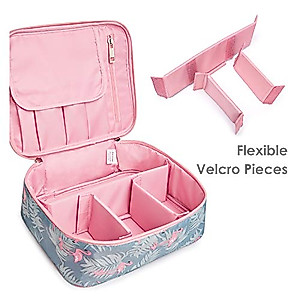 Narwey Travel Makeup Bag with Brush Compartments，Portable Cosmetic Bag，Make up Bag Makeup Organizer Case with Brush Storage for Women (Flamingo)
