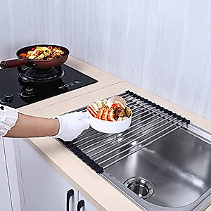 Expandable Roll up Dish Drying Rack for Kitchen from 11” to 20”, Foldable Over-The-Sink Dish Drying Rack Space-Saving, Multipurpose Rolling Rack for Sink with Large Capacity, 13''x(11''~20''), Gray