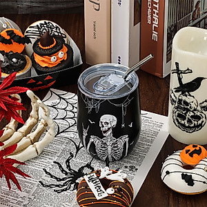 Whaline Halloween Stainless Steel Wine Tumbler with Straw and Lid Black White Skull Bat Coffee Mug Skeleton Insulated Wine Tumbler for Hot and Cold Drinks Gift