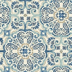 NuWallpaper NU2235 Florentine Tile Peel & Stick Wallpaper, Blue