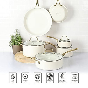 Martha Stewart Lockton Premium Nonstick PFA Free Ceramic Interior 10 Piece Heavy Gauge Enamel Aluminum Pots and Pans Cookware Set - Linen White w/Gold Handle
