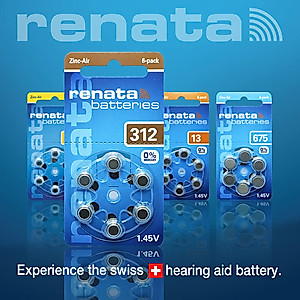 Renata Size 312 Zinc Air 1.45V Hearing Aid Battery - Designed in Switzerland (60 Batteries)