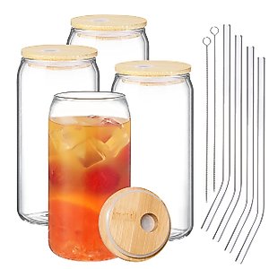 Glass Cups Bamboo Lids for Beer Can Glass 16oz, Drinking Glasses Beer Can Glasses Set of 4, Iced Coffee Cups, Beer Glass Cups, Beer Can Glass with Lids and Straw, Glass Cups with Lids and Straws
