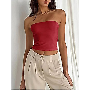 Trendy Queen Strapless Tops for Women Sexy Tube Bandeau Basic Backless Crop Tops Cute Summer Outfits 2023 Sleeveless Slim Fit Stretchy Y2k Shirts Teen Girls Red