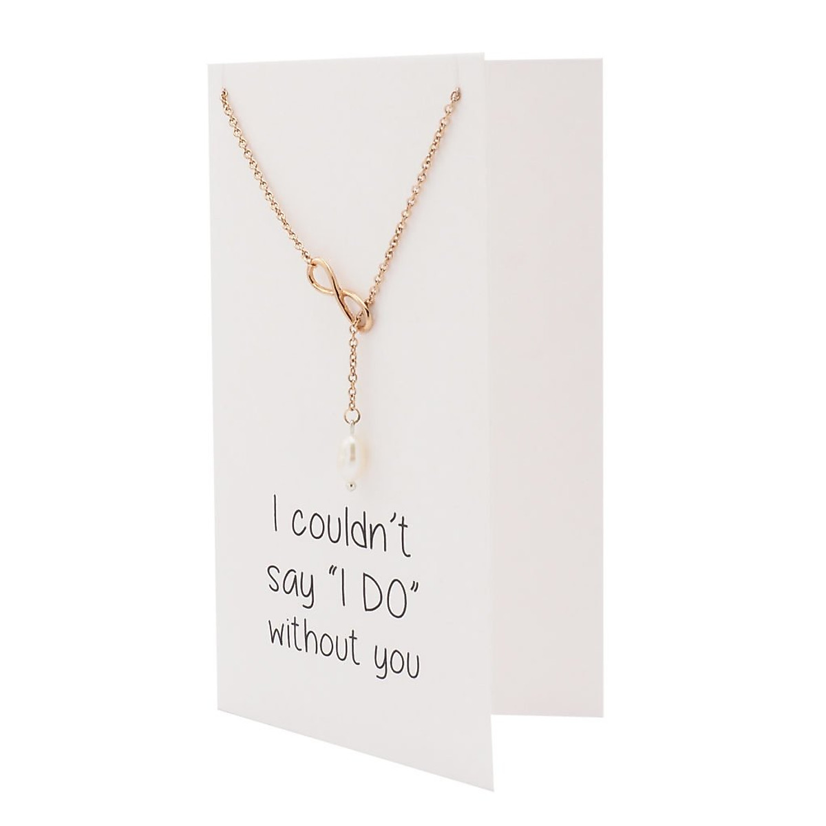 Quan Jewelry Handmade Maid of Honor Gift, Infinity and Pearl Lariat Necklaces, Bridesmaids Necklace with Greeting Card, Rose Gold Tone