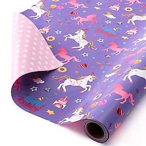 WERNNSAI Unicorn Reversible Wrapping Paper Roll - 1 Roll 17” x 33 ft Happy Birthday Wrapping Paper Roll Kids Unicorn Birthday Gift Wrap Roll Girls Wrapping Paper Polka Dot Design Unicorn Party Favor